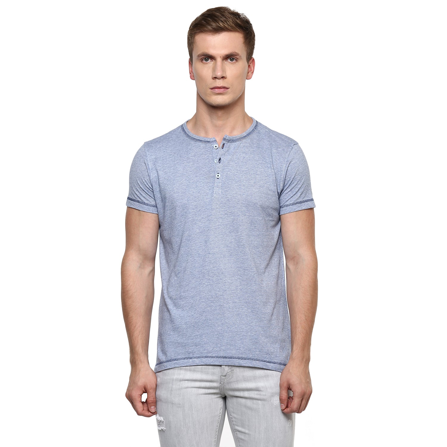 Henley Neck T-Shirt For Men - Blue & White (No Exchange No Refund ...